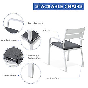 Soleil Jardin 5 Piece Outdoor Dining Set, Aluminum Patio Furniture Dining Set with Round Dining Table w/Umbrella Hole and 4 Stackable Chairs w/Cushions for Yard, Garden, Porch and Pool, White