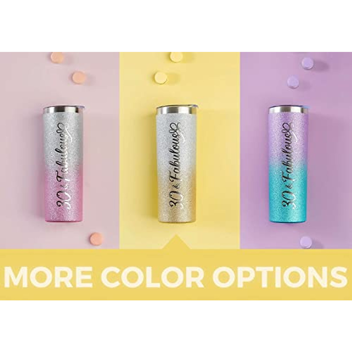 Onebttl 30th Birthday Gifts for Women, Female, Her - 30 and Fabulous - 20oz/590ml Stainless Steel Insulated Glitter Tumbler with Straw, Lid, Message Card - (Gold-Silver Gradient)