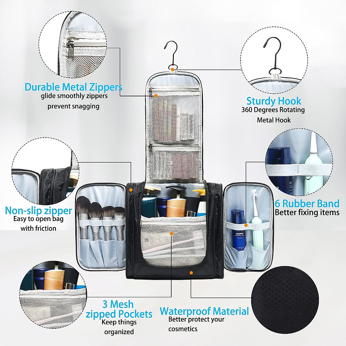 ANNCED Large Capacity Hanging Travel Toiletry Bag for Women and Men,With Shoulder Strap,Waterproof Bathroom and Shower Caddy Organizer Kit for Toiletries,Accessories,Cosmetics, Makeup,Brushes,Black