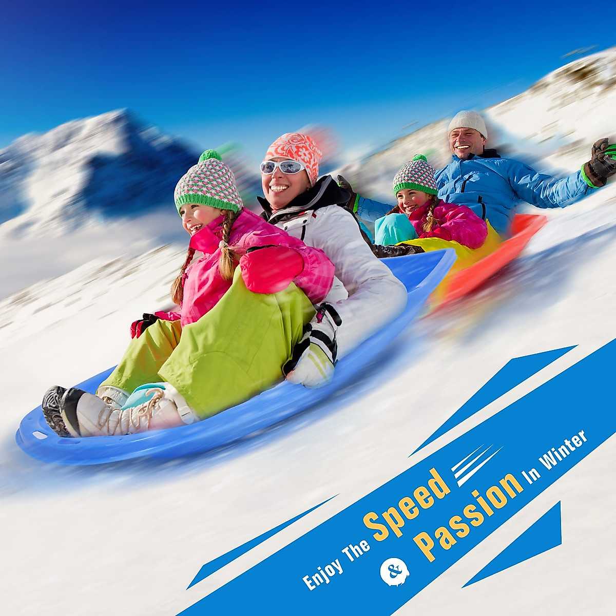 Snow Sled 2 Pack - 48“ Plus Size Toboggan 2 Person Sled for Kids and Adult Lightning Saucer Sleds for Winter Sledding Durable Plastic Snow Scooter Winter Outdoor Grass Dune Game