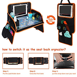 MENZOKE Kids Travel Tray, Car Seat Organizer Toddler with Dry Erase Board Car Lap Desk Table with iPad Holder, Storage Pocket, Kids Active Eating Tray for Road Trip, Airplane, Stroller, Black