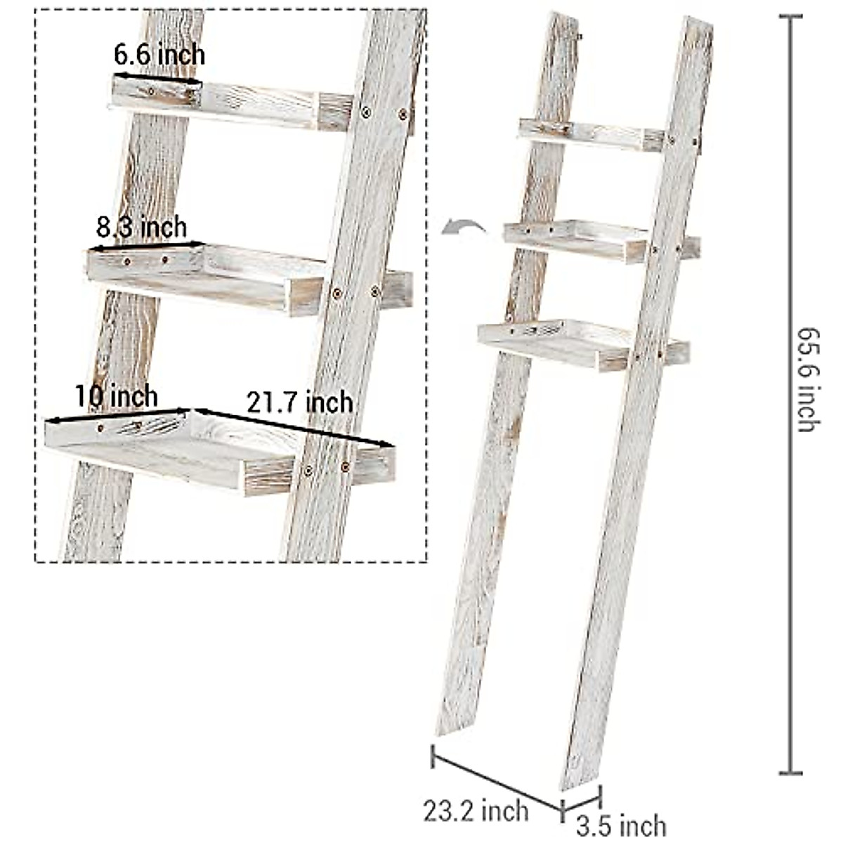 MyGift Over-The-Toilet Storage Shelves, 3-Tier Rustic Whitewashed Wood Leaning Bathroom Ladder Shelf