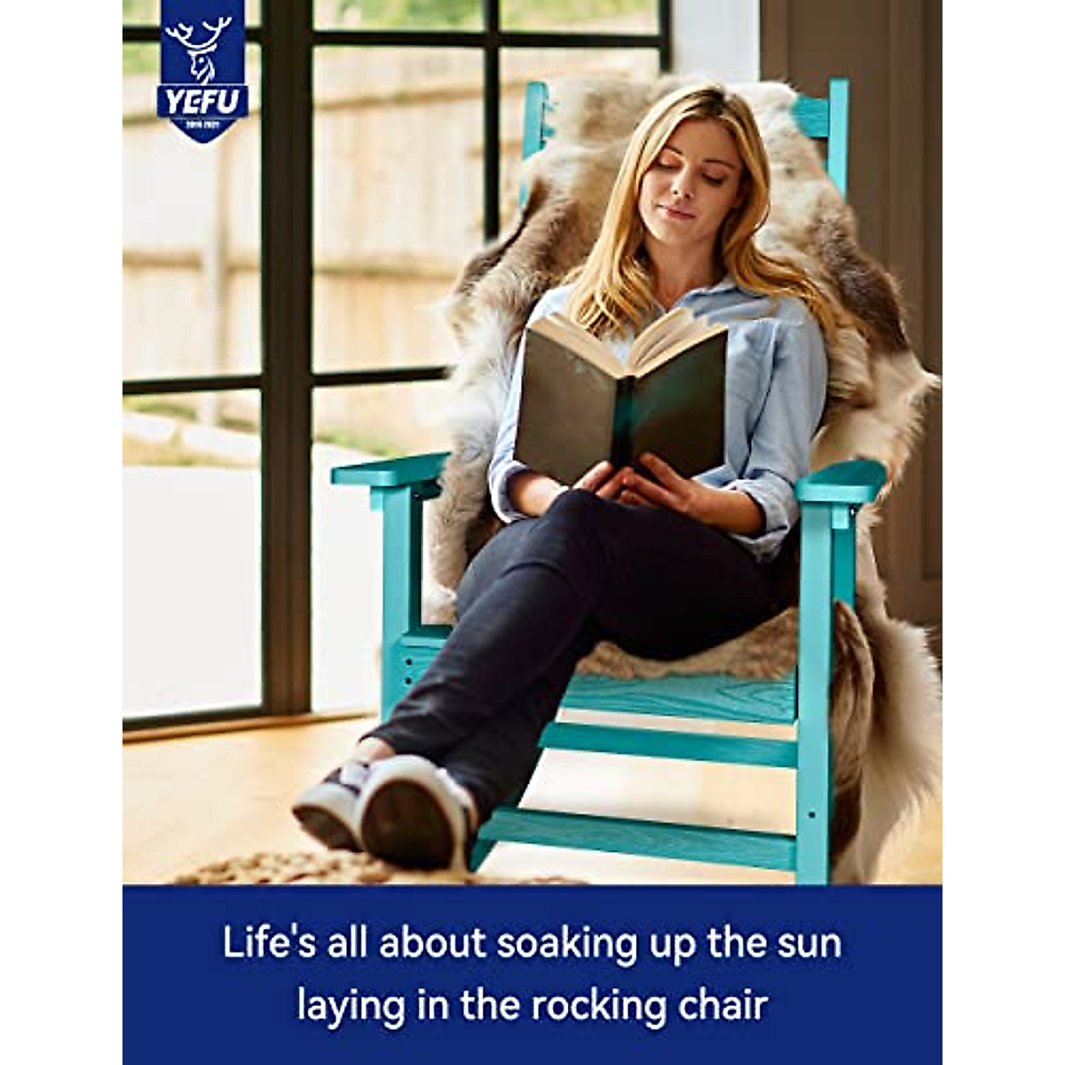 YEFU Outdoor Rocking Chair, Poly Lumber Patio Rocker Chair with High Back, Poly Rocking Chair Look Like Real Wood, Widely Used for Lawn, Porch, Backyard, Indoor and Garden,380lb Heavy Duty(Aruba Blue)