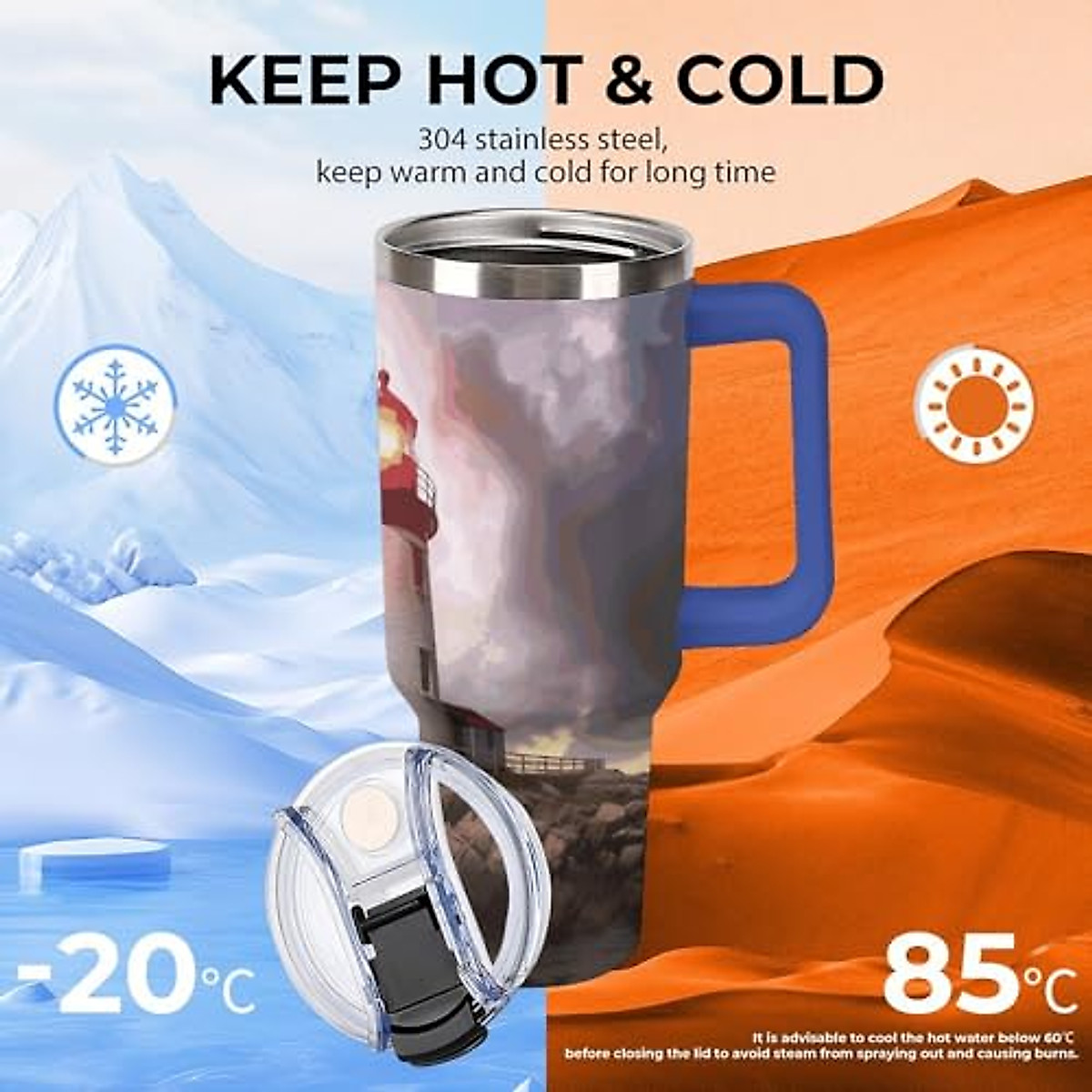 LLUTSNTH 40 Oz Vacuum Tumbler with Deep Blue Handle Leakproof Insulated Tumbler Lighthouse Stainless Steel Travel Mug with Lid And Straw Coffee Cup Cute Water Bottles Cup Holder Friendly