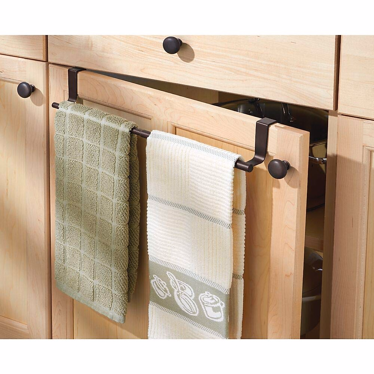 mDesign Adjustable, Expandable Over Kitchen Cabinet Towel Bar Rack - Hang on Inside or Outside of Doors, Hold Hand, Dish, Tea Towels - Customizable to 17" Wide, Omni Collection - Bronze