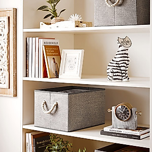 SONGMICS Fabric Storage Boxes, Set of 3 Storage Cubes, Foldable Baskets with Handles, 15.7 x 11.8 x 9.8 Inches, Toy Storage, Linen Pattern, Gray URFB013G01