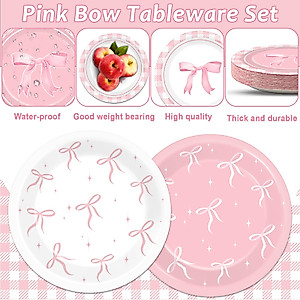 48pcs Pink Bow Party Supplies Bow Birthday Party Plates 7” Pink Bow Party Decor for Girl Bachelorette Bridal Engagement Baby Shower Coquette Cute Tableware Dinnerware Party Favor for 48 Guests