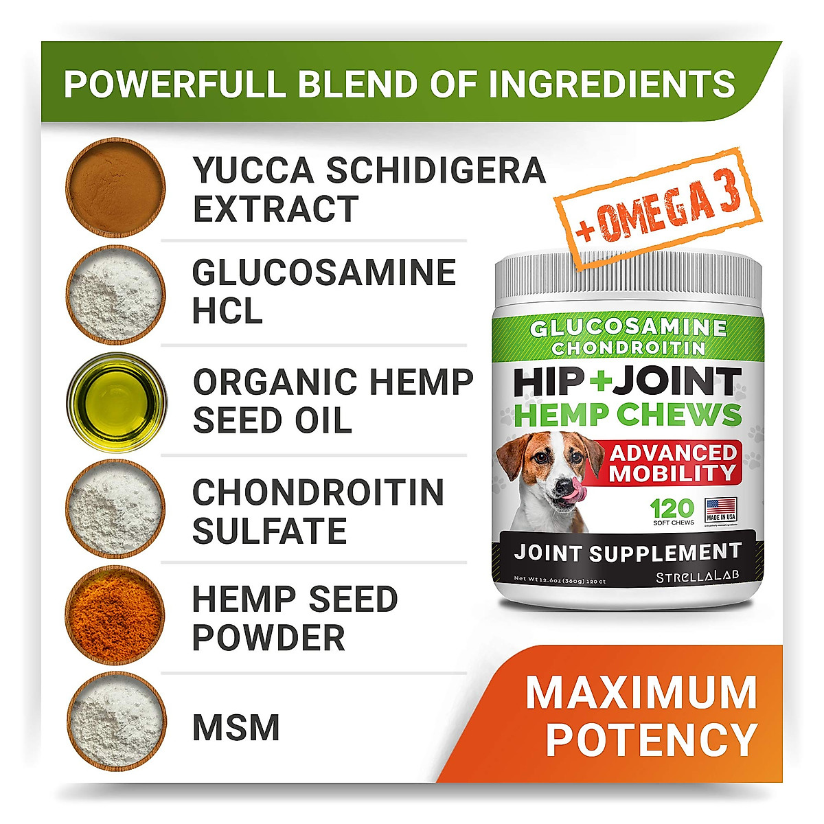 Large Breed Hemp + Glucosamine Dog Joint Supplement - Hemp Chews for Dogs Hip Joint Pain Relief - Omega 3, Chondroitin, MSM - Advanced Mobility Hemp Oil Treats for Large Dogs - Made in USA - 240 Ct