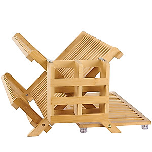 NOVAYEAH Bamboo Dish Drying Rack with Utensil Holder, Collapsible Wooden Dish Drainer Rack, 3-Tier Large Folding Drying Holder for Kitchen Counter