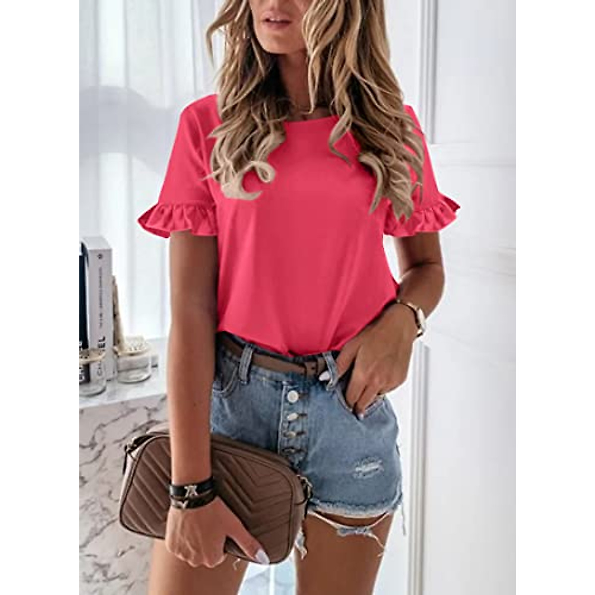 PRETTYGARDEN Women's Short Sleeve Casual T Shirts Summer Ruffle Plain Round Neck Loose Fit Tee Blouse Tops Watermelon Red
