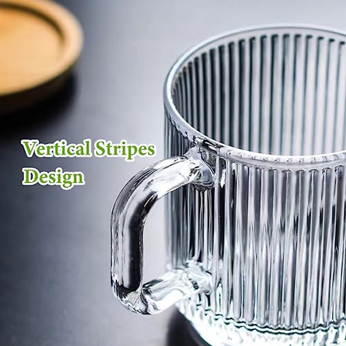 Mfacoy 2 PACK Glass Coffee Mugs with Handle & Spoon, 12 OZ Glass Coffee Cups with Bamboo Lid, Ribbed Glass Cups, Clear Tea Cup for Hot/Cold Beverages, Glassware Set for Americano, Latte, Cappuccino