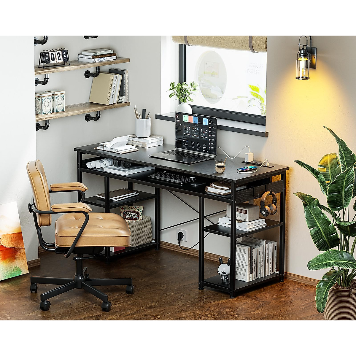 AODK 48 Inch Small Computer Desk with Power Outlets & Type-C, Writing Desk with Storage Shelves Headphone Hook, Student Laptop PC Desks for Small Spaces Home Office, Kids Desk, Black