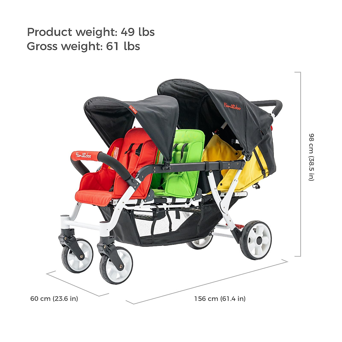 Familidoo H3E 3 Seat Baby Stroller - Tandem Daycare Triple Stroller with 5 Point Safety Harness - for Infants & Toddlers 0-3 Years - Lightweight & Foldable - All Reclining Seats