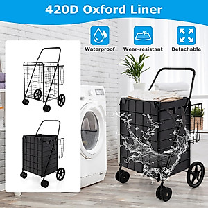 Goplus Folding Shopping Cart for Groceries, Upgraded Jumbo Grocery Cart with Waterproof Liner, 32 Gallon Capacity, 360° Rolling Swivel Wheels and Double Basket, Heavy Duty Foldable Utility Cart