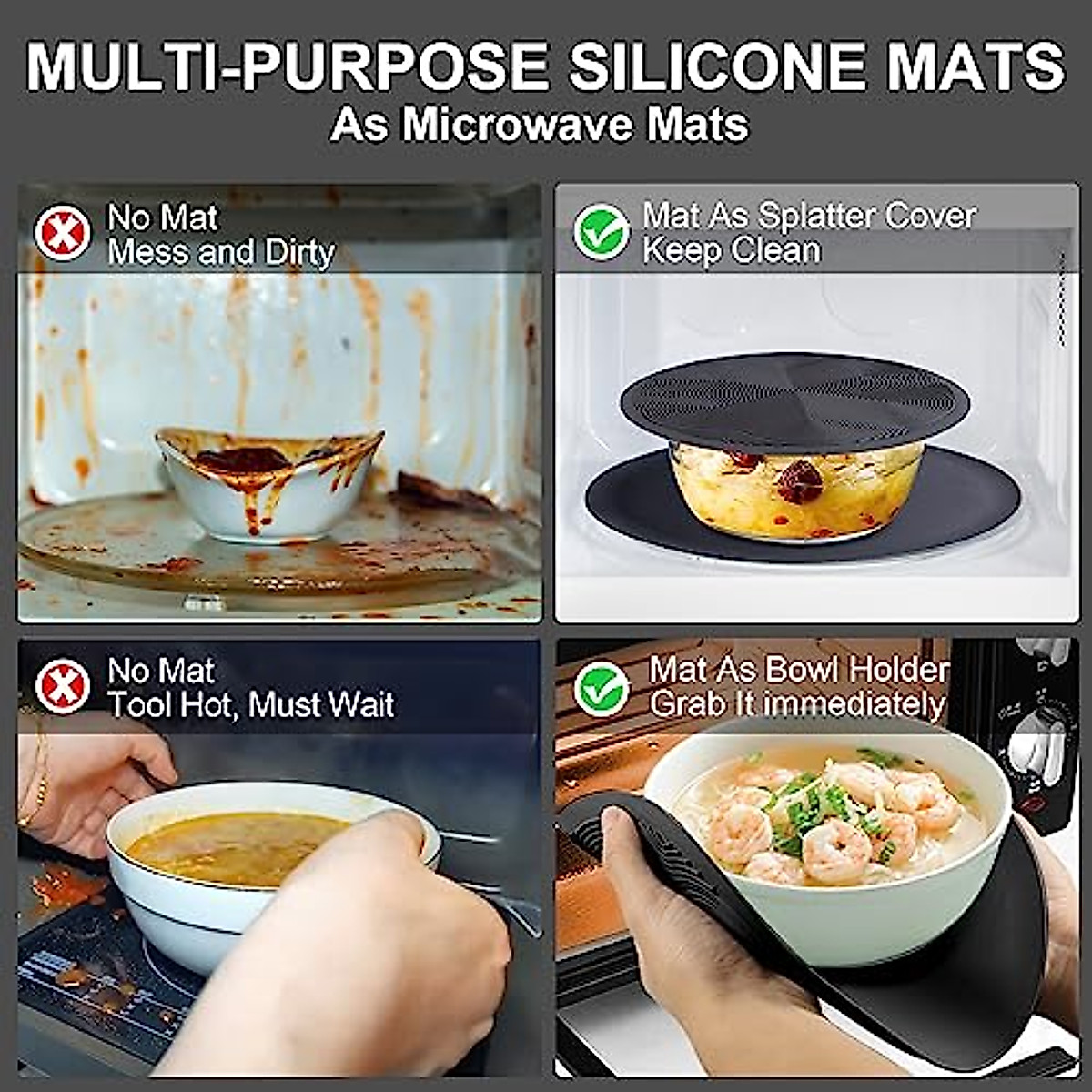 4PCS, JesDiary 10&8 Inch Silicone Trivets for Hot Dishes Pots Pans, Multi-Purpose Microwave Mat, Pot Holders, Hot Pads for Kitchen Countertop, Hot Plates to Protect Quartz Table, Heat Resistant, Black