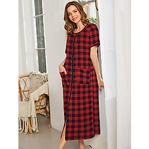 Ekouaer Women Robes Zipper Front Short Sleeve Full Length Housecoat with Pockets Loungewear Red Plaid,2XL