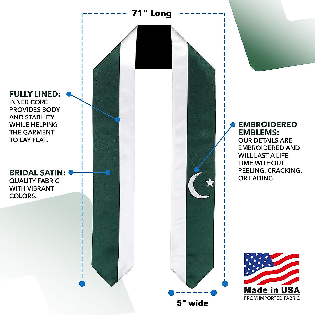 Vision Wear - Pakistan Flag Graduation Sash - Graduation Stole - International Flag theme - Embrace Your Heritage - Pakistani Flag - Pride & Honor Sash