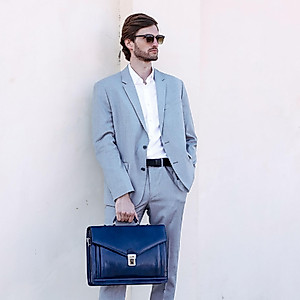 Time Resistance Leather Briefcase for Men Handmade Italian Laptop Bag Classy Blue Attache Case