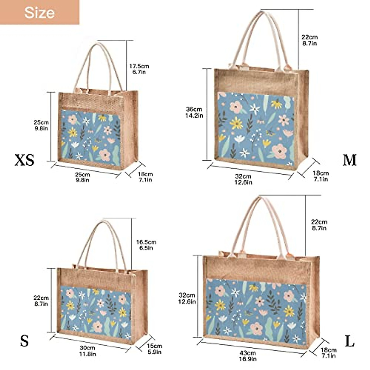 JUNZAN Flowers Leaves and Berries Jute Tote Bags Burlap Reusable Straw Bag for Beach Shopping Grocery Bags Wedding Gift