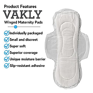 Winged Maternity Peri Pads [Pack of 32] – Large Postpartum Flow Pads with Wings - Ultra Soft Disposable Nursing Pads for New Moms- Vakly Postpartum Guide Included (32)