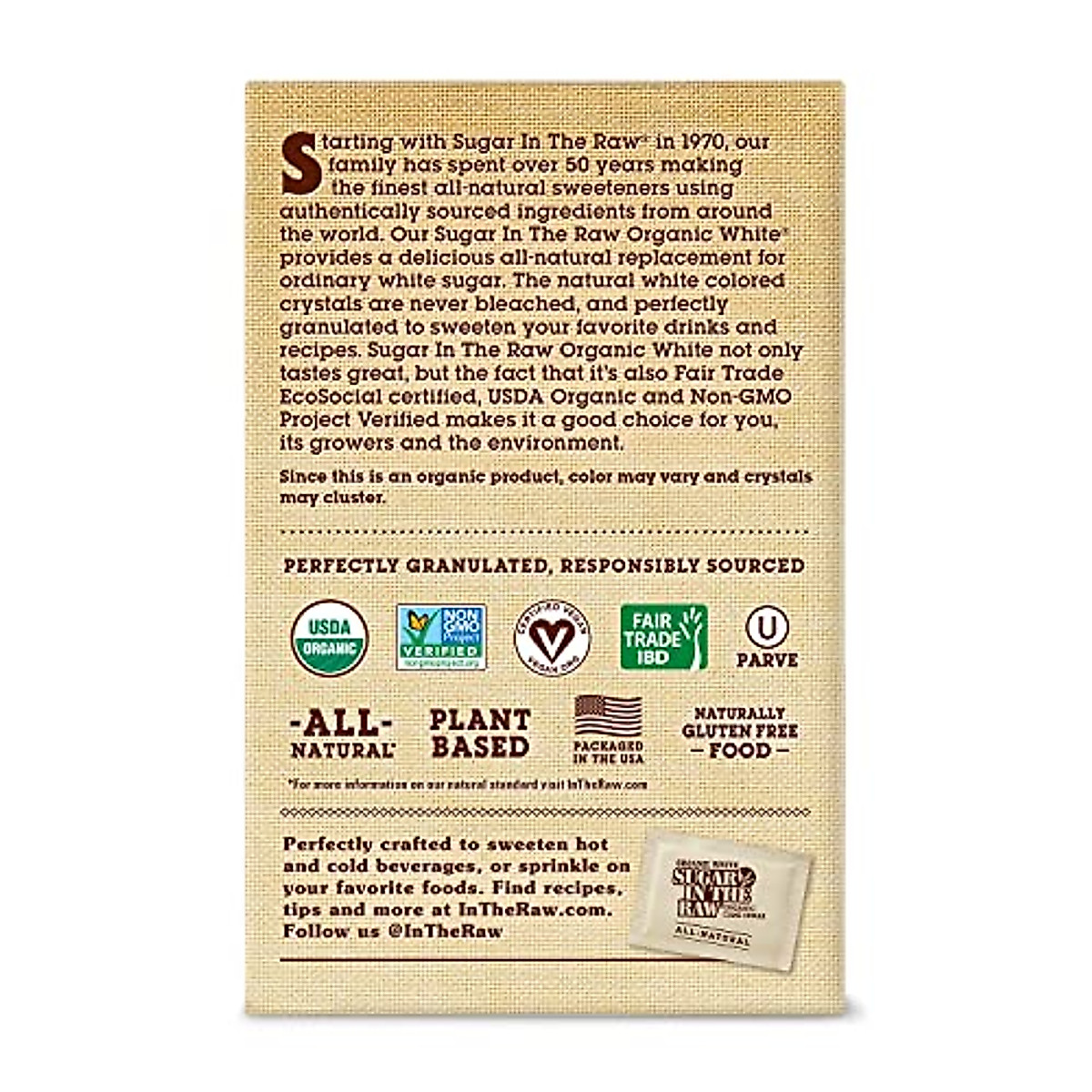 Sugar In The Raw Organic Granulated White Premium Cane Sugar, No Added Flavors or erythritol, Pure Natural Sweetener, Hot & Cold Drinks, Coffee, Tea Vegan, Gluten-Free, Non-GMO, Bulk Sugar, 250 ct packets (1-Pack)