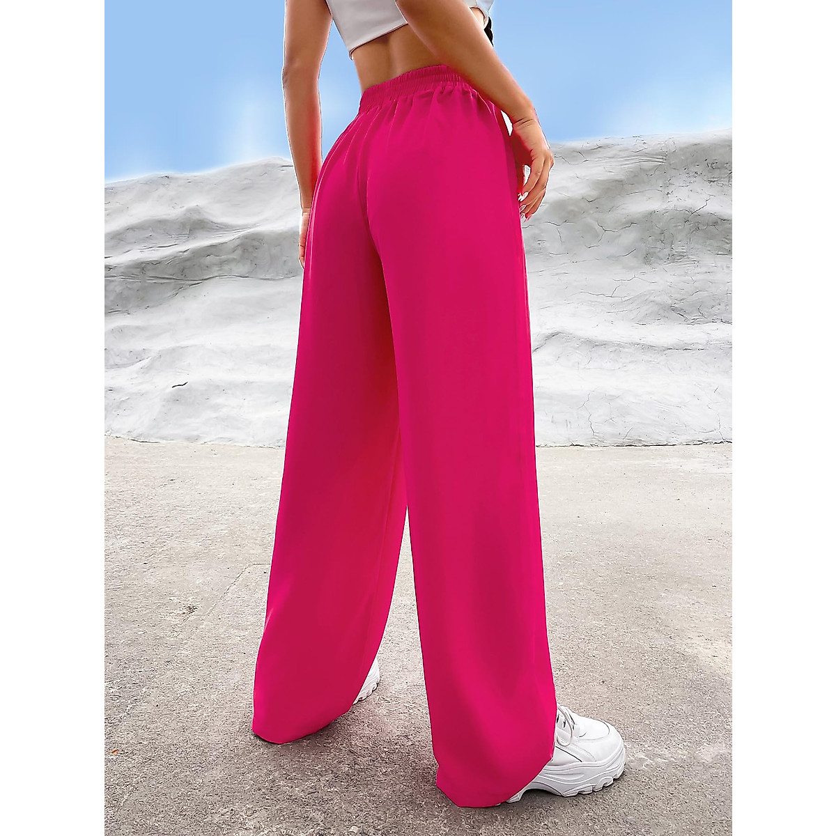 Verdusa Women's Elastic High Waist Solid Straight Leg Pants Casual Long Trousers Hot Pink M