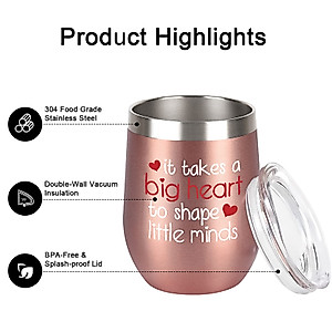 GINGPROUS 2 Pack Teacher Appreciation Gifts in Bulk, It Takes a Big Heart Wine Tumbler Set, Birthday Christmas Teacher Gifts for Teachers Women,12 Oz Stainless Steel Wine Tumbler with Lid, Rose Gold