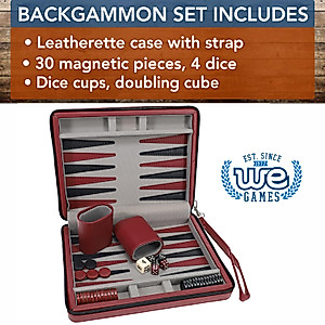 WE Games Backgammon Set, Board Games for Adults - Travel Games - Magnetic with Burgundy Leatherette Backgammon Board and Carrying Strap - Travel Backgammon Sets for Adults
