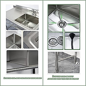 Free Standing Stainless-Steel Single Bowl, Commercial Restaurant Kitchen Sink Set W/Faucet Drainboard,Utility Sink Free Standing Single Bowl Kitchen Sink(Size:150cm,Color:A-Right platform)