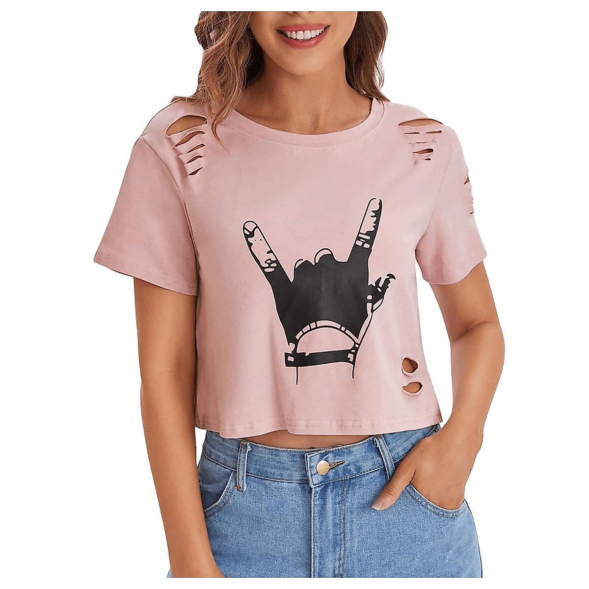 SweatyRocks Women's Short Sleeve T Shirt Graphic Print Distressed Crop Top Gesture Light Pink Small
