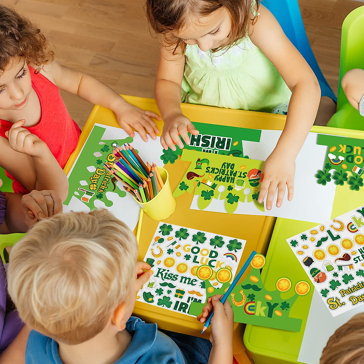 24 Sets of St. Patrick's Day Crown Crafts Kit for Kids St. Patricks Day DIY for Irish Party Shamrock Clover Paper Hat Decorations Saint Patrick's Day Classroom Supplies Favors