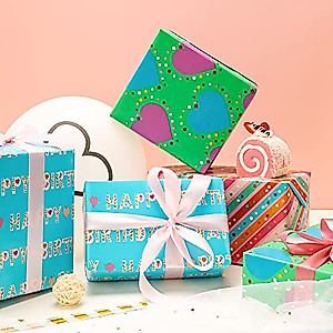LeZakaa Birthday Wrapping Paper Roll - Mini Roll - Happy Birthday Lettering/Heart/Stripe Design for Boy, Kids Gift Wrapping - 17 x 120 inches, 3 Rolls (42.5 sq.ft.ttl.)