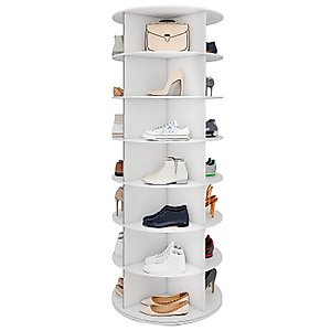 Toemics 7 Tier Rotating Shoe Rack Tower 28 Shelves, 360° Spinning Display Lazy Susan Organizer, Carousel for Shoes & Handbags, Easy Assembly, Includes 4 PCS Double-Layer Shoe Racks, White