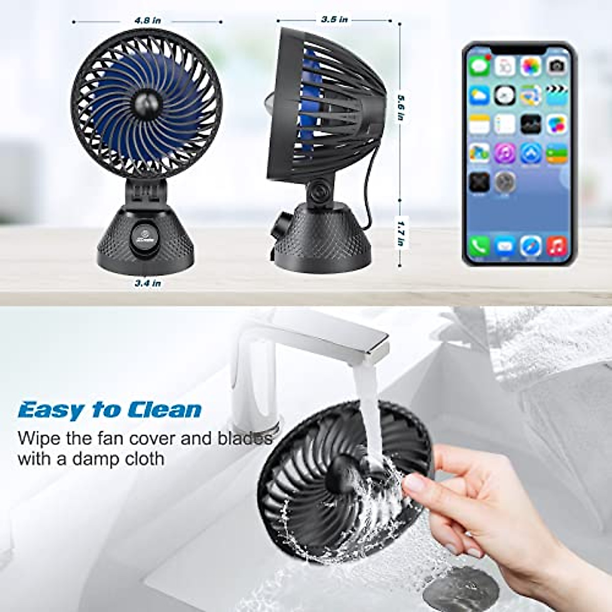JZCreater USB Desk Fan, USB Mini Fan with Stepless Speed, 90°Auto Oscillating Fan, Quiet Rotation Strong Wind, Small Personal Fan for Bedroom Home Office Table Outdoor Stroller, 4.8inch(Black Blue