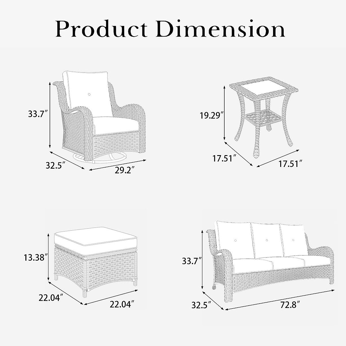 LayinSun 6 Pieces Outdoor Patio Furniture Set, Rattan Wicker Sectional Swivel Rocker Chairs Sets with Ottomans, Swivel Glider Chairs, and Coffee Table