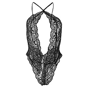 Maiyifu-GJ Womens Deep V Floral Lace Bodysuit One Piece Sexy Halter Babydoll Negligee See Through Backless Teddy Lingerie (Black,3X-Large)
