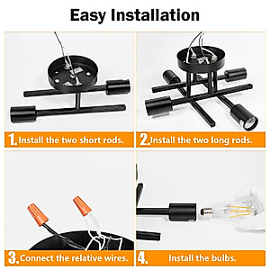 Lomoky Industrial 4-Light Semi Flush Mount Ceiling Light Fixture, Modern Black Close to Ceiling Light, Farmhouse Chandelier Ceiling Lamp for Hallway Kitchen Bedroom Living Room (2 Pack)