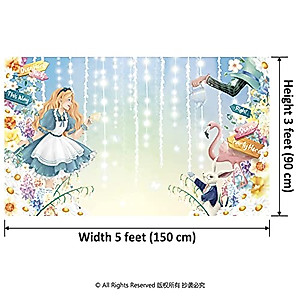 5x3 ft Alice in Wonderland Backdrop for Girls Birthday Party Decorations Floral Tea Party Easter Bunny Banner Background for Birthday Party Supplies