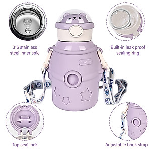 Kawaii Water Bottle with Straw: 17oz Cute Water Bottles, Stainless Steel Water Bottle with Stickers and Adjustable Strap, Portable Cartoon Astronaut Thermos for School Outdoor Sports Travel (Purple)