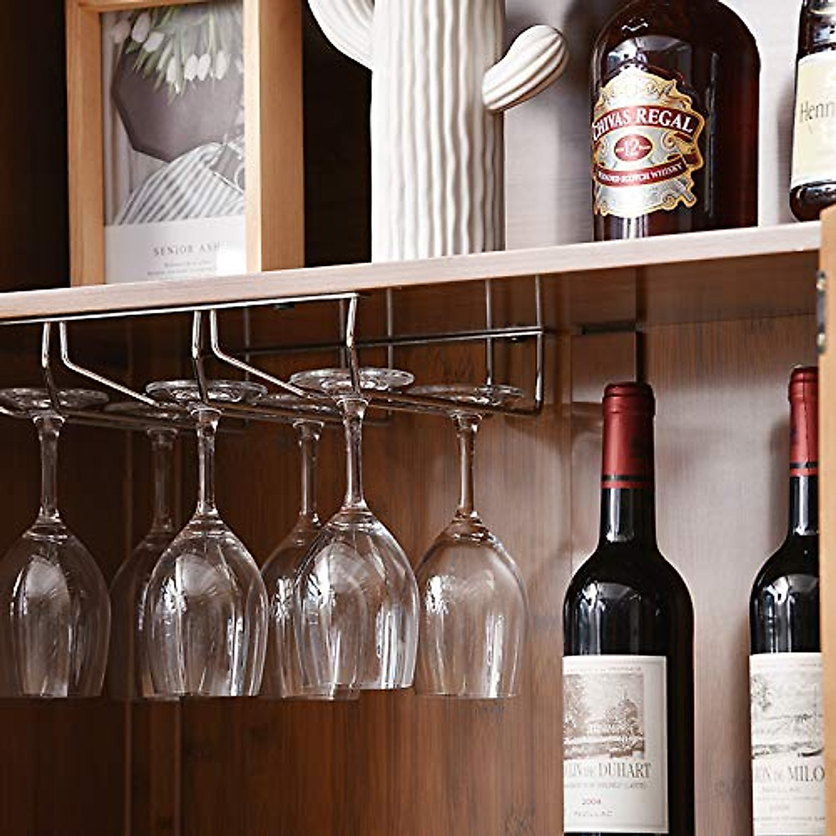 WITANHURST Mini Home Bar Cabinet with Wine Glass Storage, Bamboo Wine Cabinet Bar Furniture Wine Storage Racks Shelf Bottles Holder Organizer, Wine Glass Rack Holds 6 Stemmed Wine Glasses