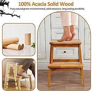 QKFF Step Stool for Adults and Kids, Acacia Wood 2-Step Stool with Anti-Slip Wider for Bedside, Kitchen Step Helper, Bathroom Bedroom Nightstand