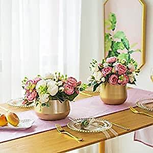 Vixdonos Gold Metal Flower Pots Brass-Toned Garden Planters, 7.1/6.3 Inch Indoor Round Succulent Containers, Pack 2 Cactus Plant Pots with Drainage Hole