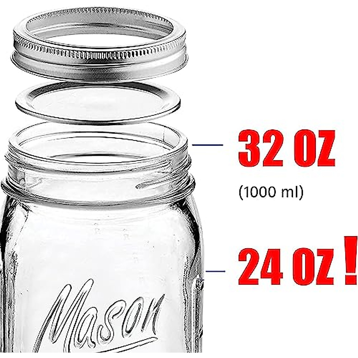 Bedoo 6 Pack 32 oz Mason Jars with Wide Mouth Airtight Lids and Bands, Clear Quart Mason Jars for Preserving, Meal Prep, Overnight Oats, Canning, Fermenting, Pickling, Party Favors