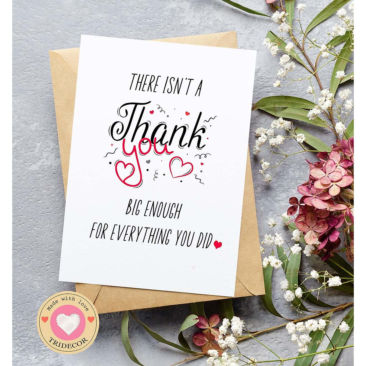 TRIDECOR Thank you Card with Envelope, Simple Cute Single Thankful Card, Grateful Gratitude Card - Folded 5"x7" Card for Him, Her, Teacher, Boss, Doctor, Mom, Dad, Coworker, Bridesmaids, Groomsmen