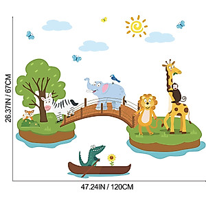 Removable 3D Giant Jungle Animals Lion Elephant Bird Fox on The Bridge Wall Decals Tree Wall Sticker Art Decor for Kids Boys Baby Children Bedroom Living Room Bathroom Classroom Playroom Nursery
