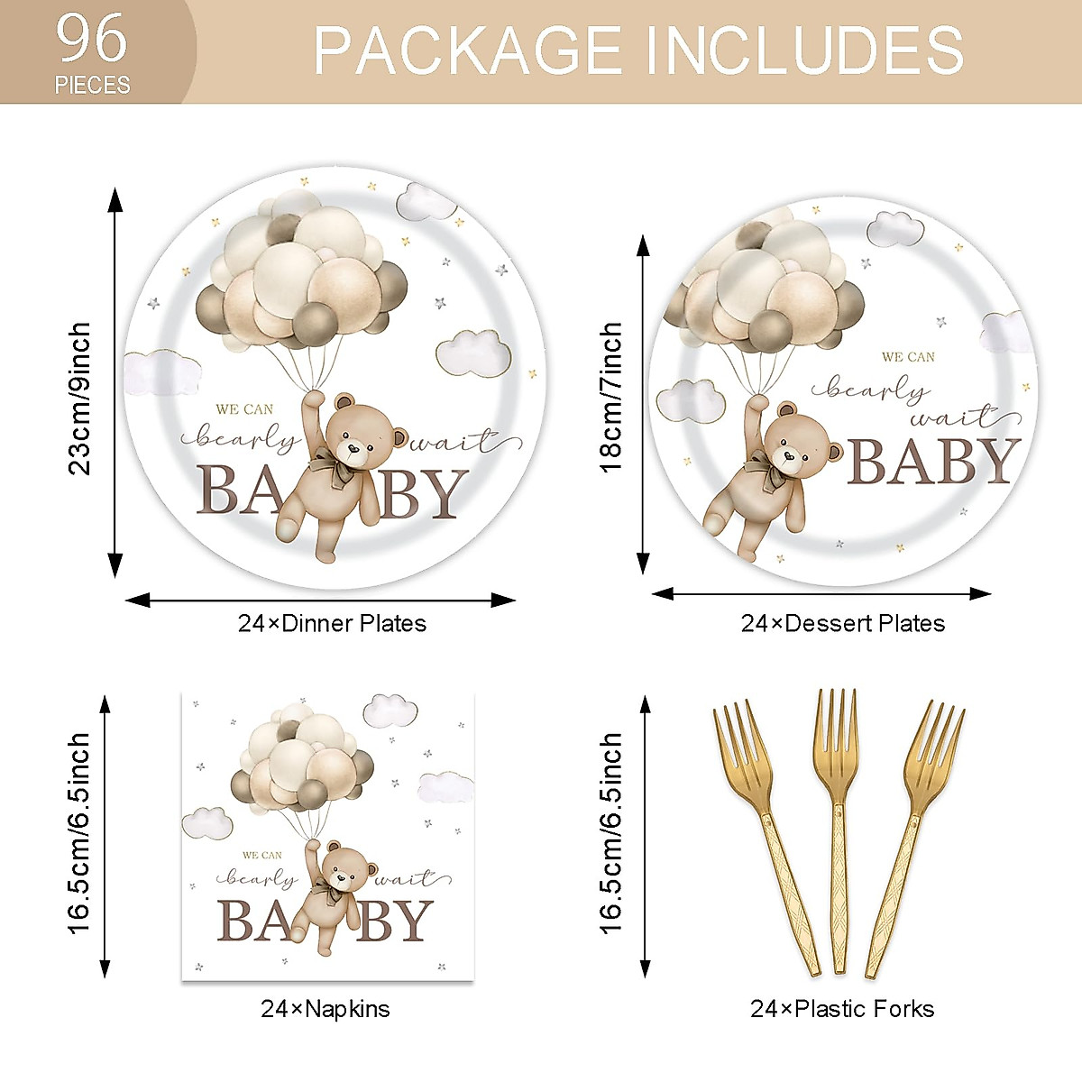 We Can Bearly Wait Bear Baby Shower Party Supplies Serves 24, Includes Plates, Napkins, Forks, Brown Nude Party Tableware Set for Boy Girl, Total 96PCS