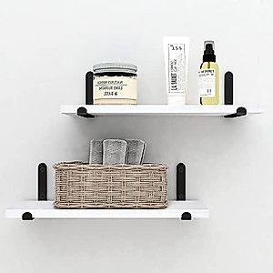 Godimerhea White Floating Shelves for Wall, Modern Wall Mounted Set of 2,Neutral Wooden Storage Decorative Hanging Shelf with Black Metal Brackets for Bathroom Living Room,Kitchen