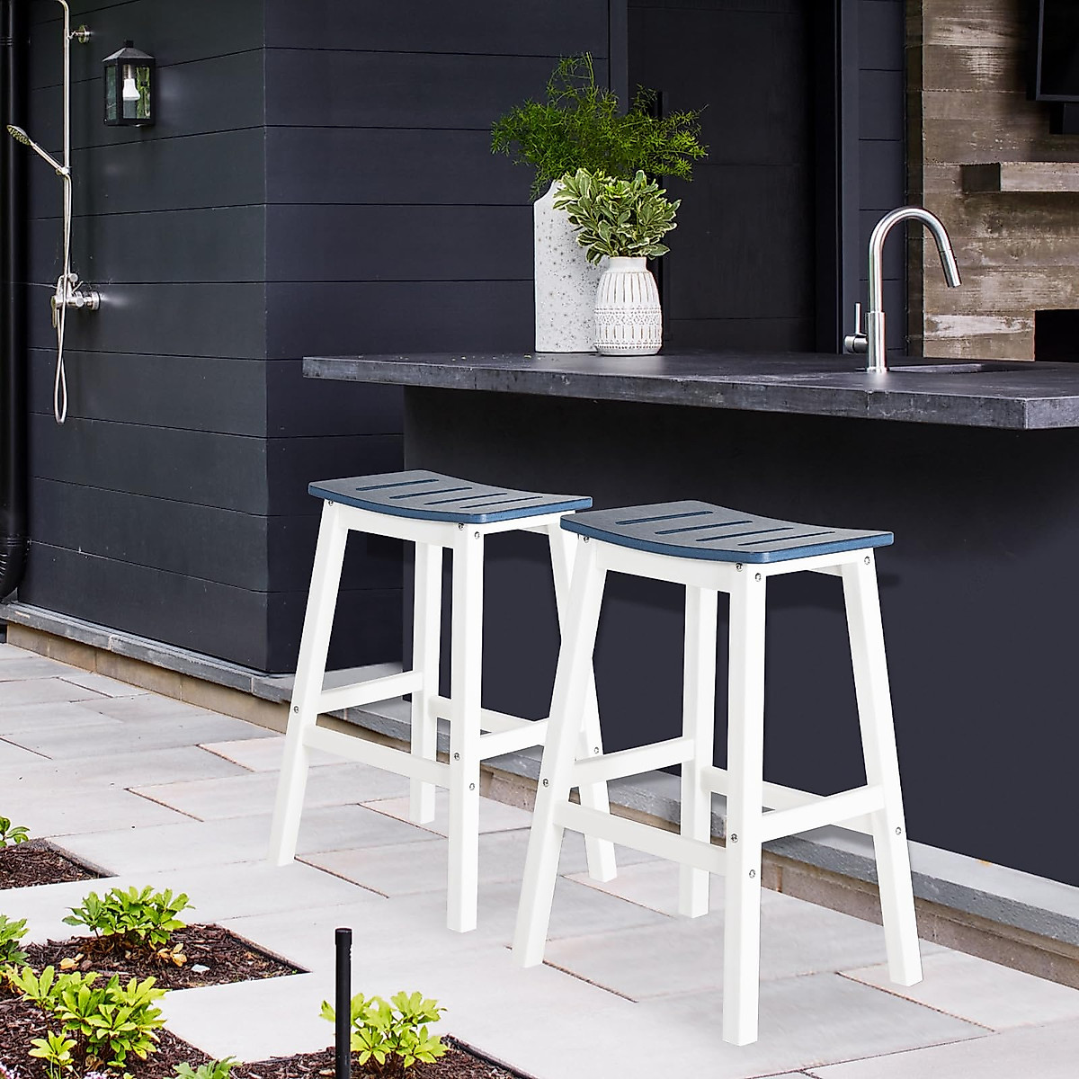 Aoodor Outdoor Bar Stools,Set of 2 Bar Chairs, 28 Inch HDPE Patio Counter Height Bar Stools with Footrest for Backyard, Garden, Lawn and Patio - Navy Blue and White