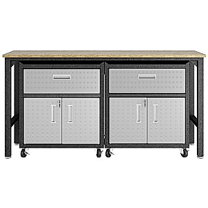 Pemberly Row Space Saving Metal 3 Piece Garage Storage Set with Two Mobile Cabinets with Drawer and 72" W Worktable