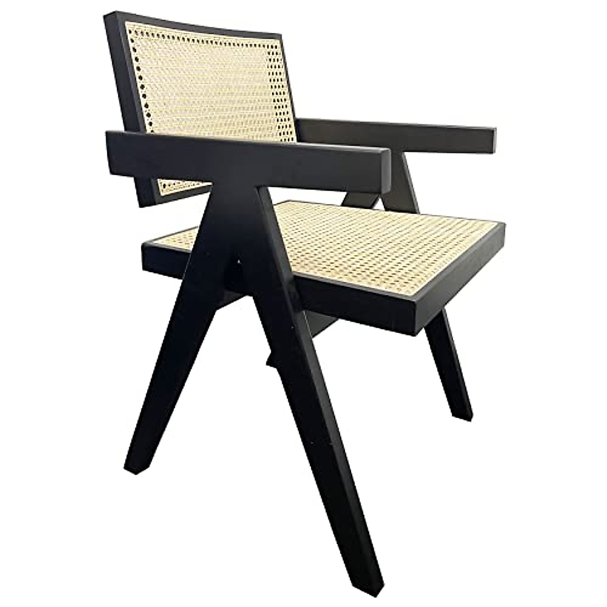 First of a Kind Rattan Cane Dining Chair - Mid-Century Modern Chairs with Mesh Back - Comfy Side Chair with Arms for Dining Room – Farmhouse Wooden Frame Accent Chair for Kitchen - Black